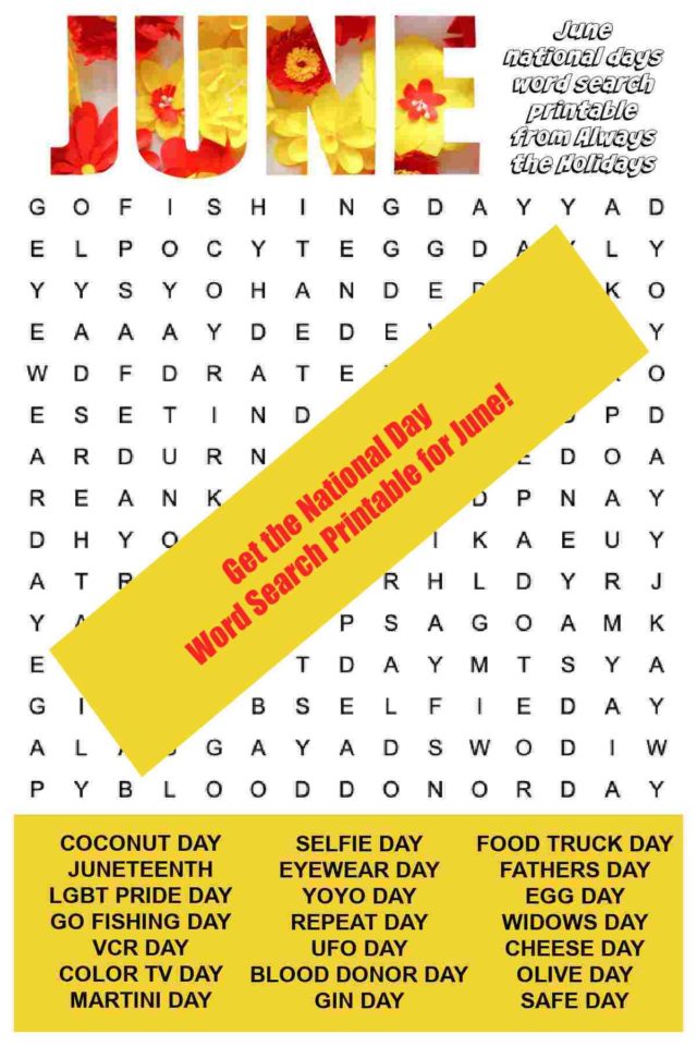 June Word Search Printable - National Days Word Find Puzzle