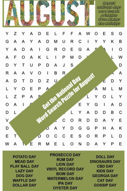 August Word Search Printable - National Days Word Find Puzzle