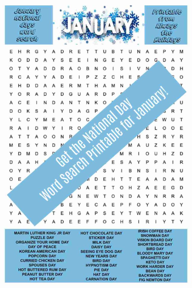 January Word Search Printable - National Day Word Find Puzzle