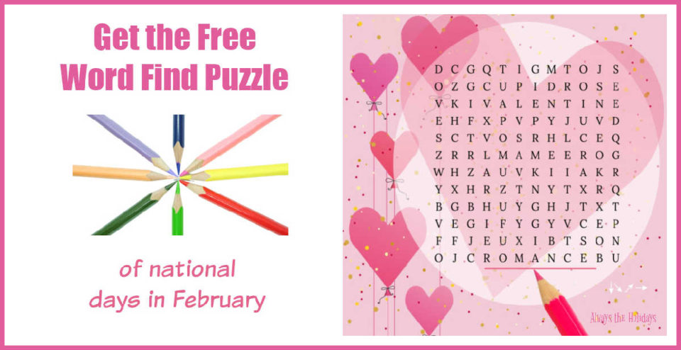 February Word Search Printable - National Days Word Find Puzzle