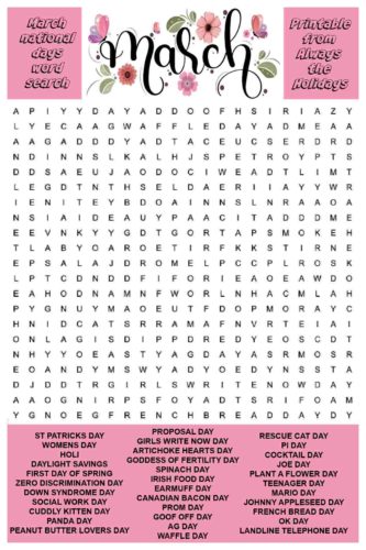 March Word Search Printable - National Days Word Find Puzzles