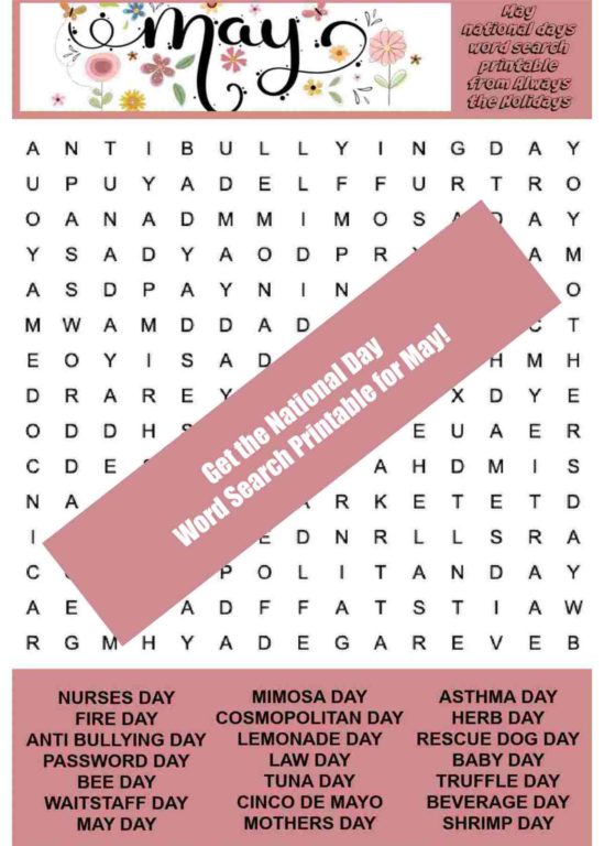 May Word Search Printable - National Days Word Find Puzzle