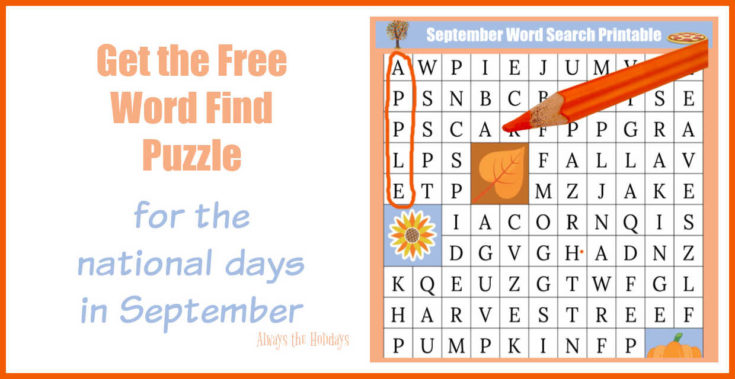 September Word Search Printable - Free National Days Word Find