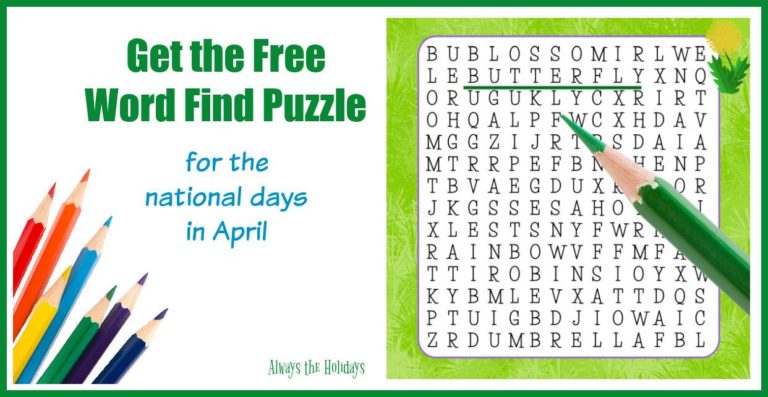 April Word Search Printable - National Days Word Find Puzzle