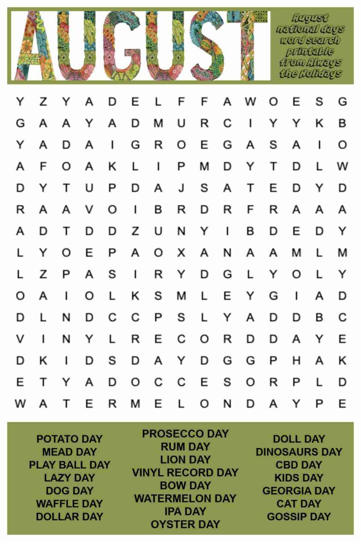 August Word Search Printable - National Days Word Find Puzzle