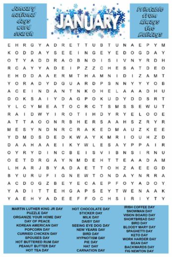 January Word Search Printable - National Day Word Find Puzzle