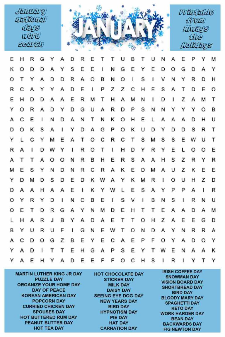 January Word Search Printable - National Day Word Find Puzzle