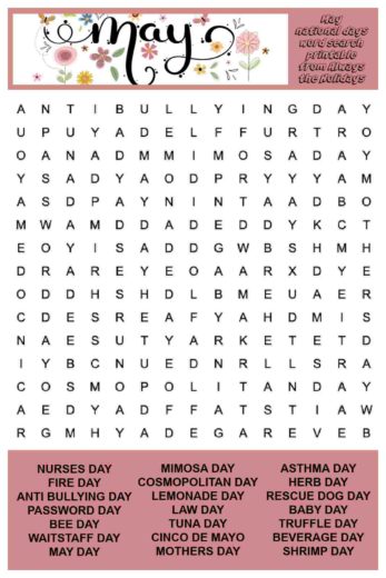 May Word Search Printable - National Days Word Find Puzzle