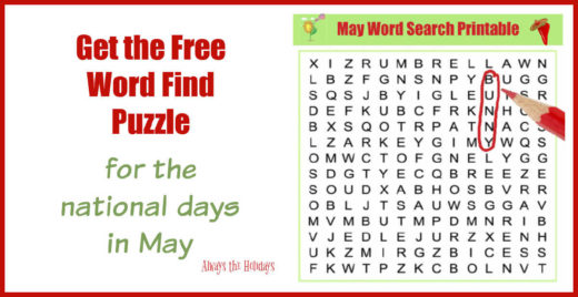 May Word Search Printable - National Days Word Find Puzzle