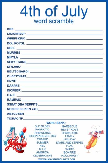 4th of July Word Scramble with Answers Included (Free Printable)