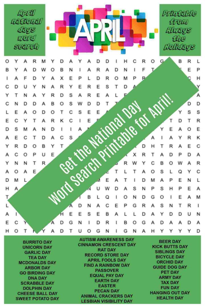 April Word Search Printable - National Days Word Find Puzzle