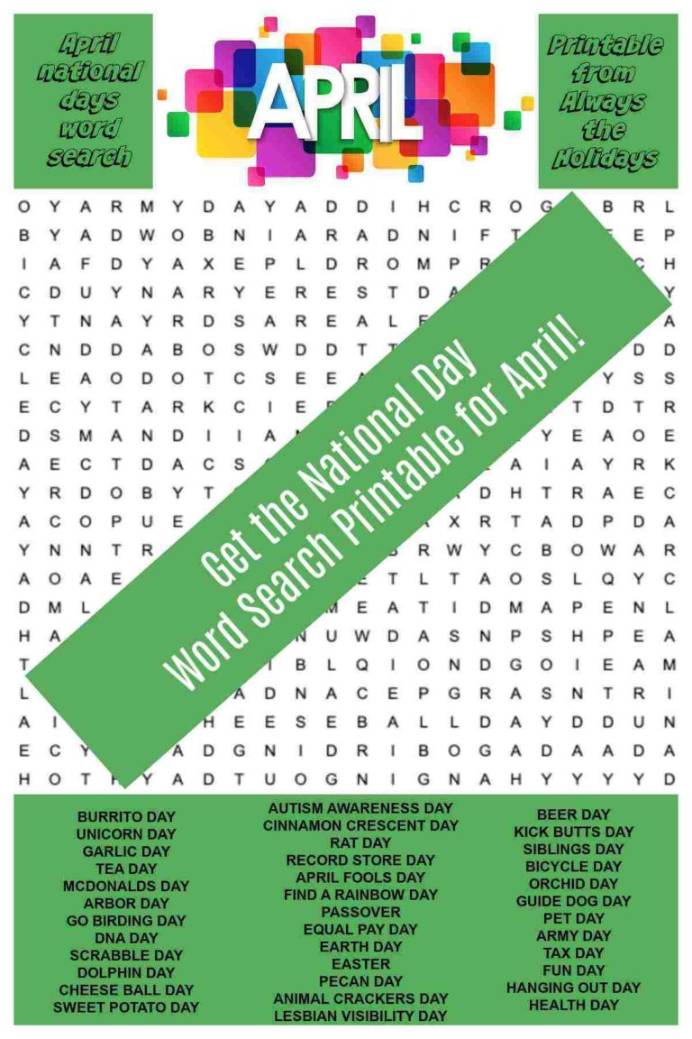April Word Search Printable - National Days Word Find Puzzle