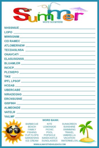 Summer Word Scramble with Answers - Free Printable for Kids