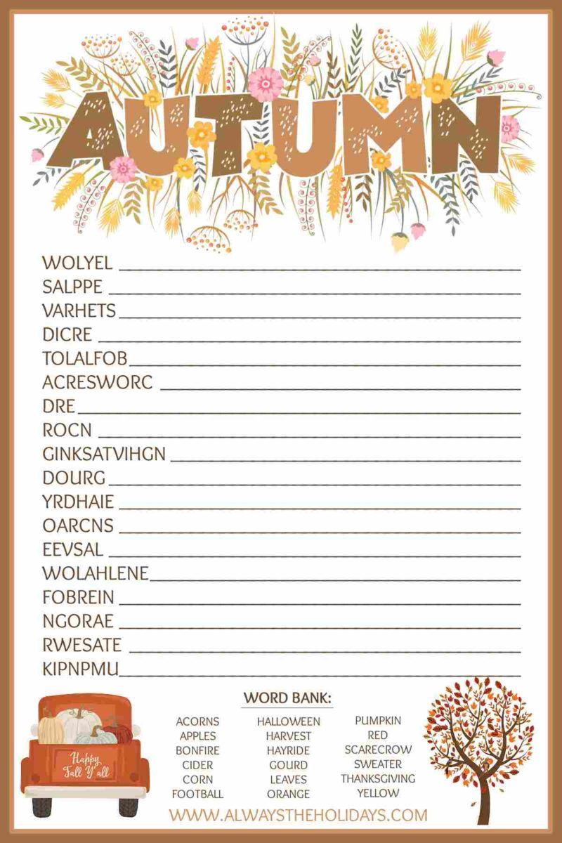 Fall Word Scramble with Answers - Free Fall Printable Puzzle
