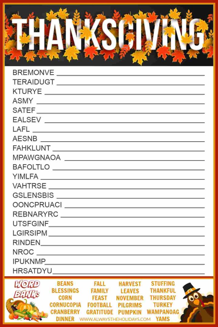 Get A Free Printable Thanksgiving Word Scramble With Answers