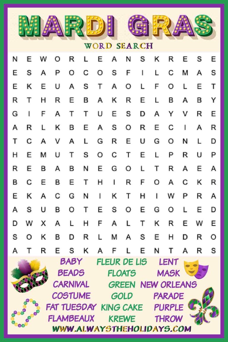 Mardi Gras Word Search with Answers - Free Mardi Gras Printable