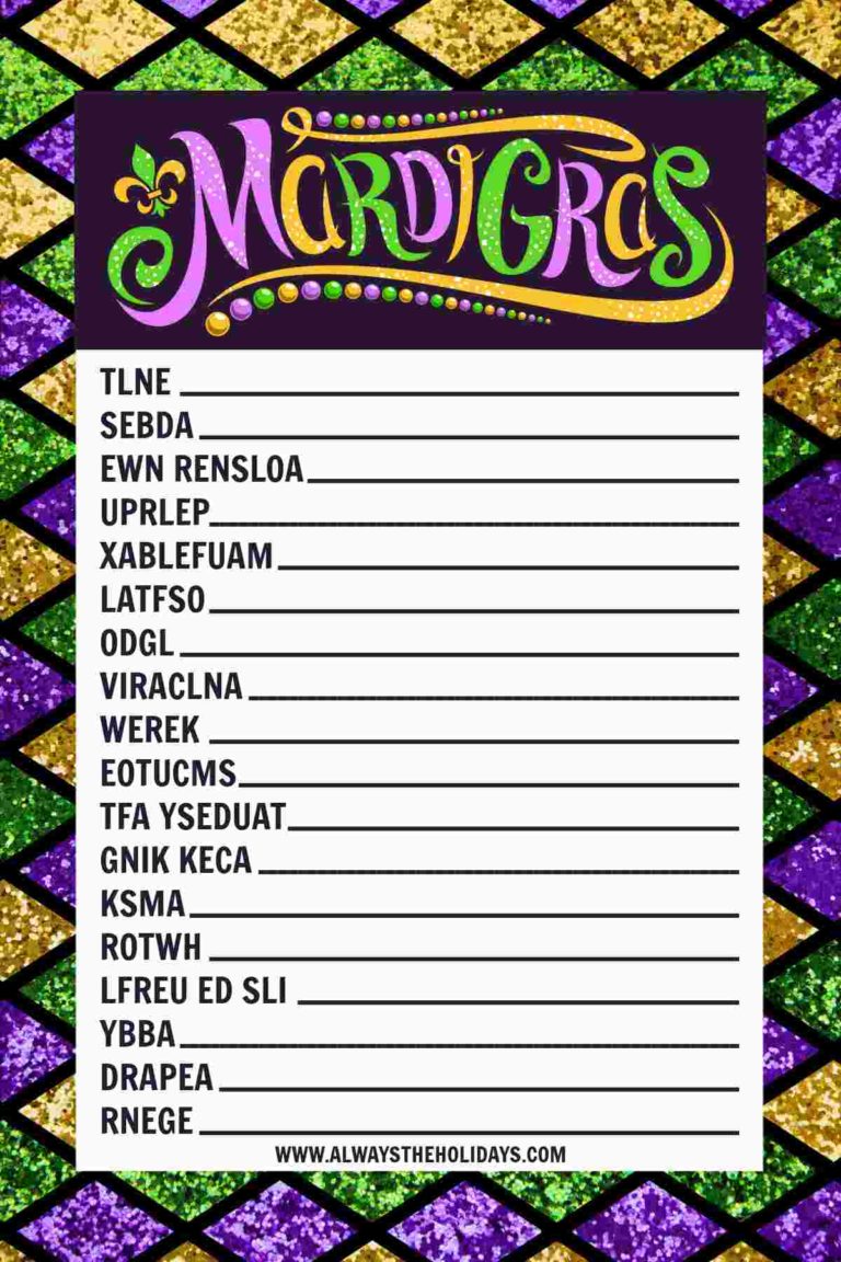 Mardi Gras Word Scramble with Answers - Mardi Gras Printable