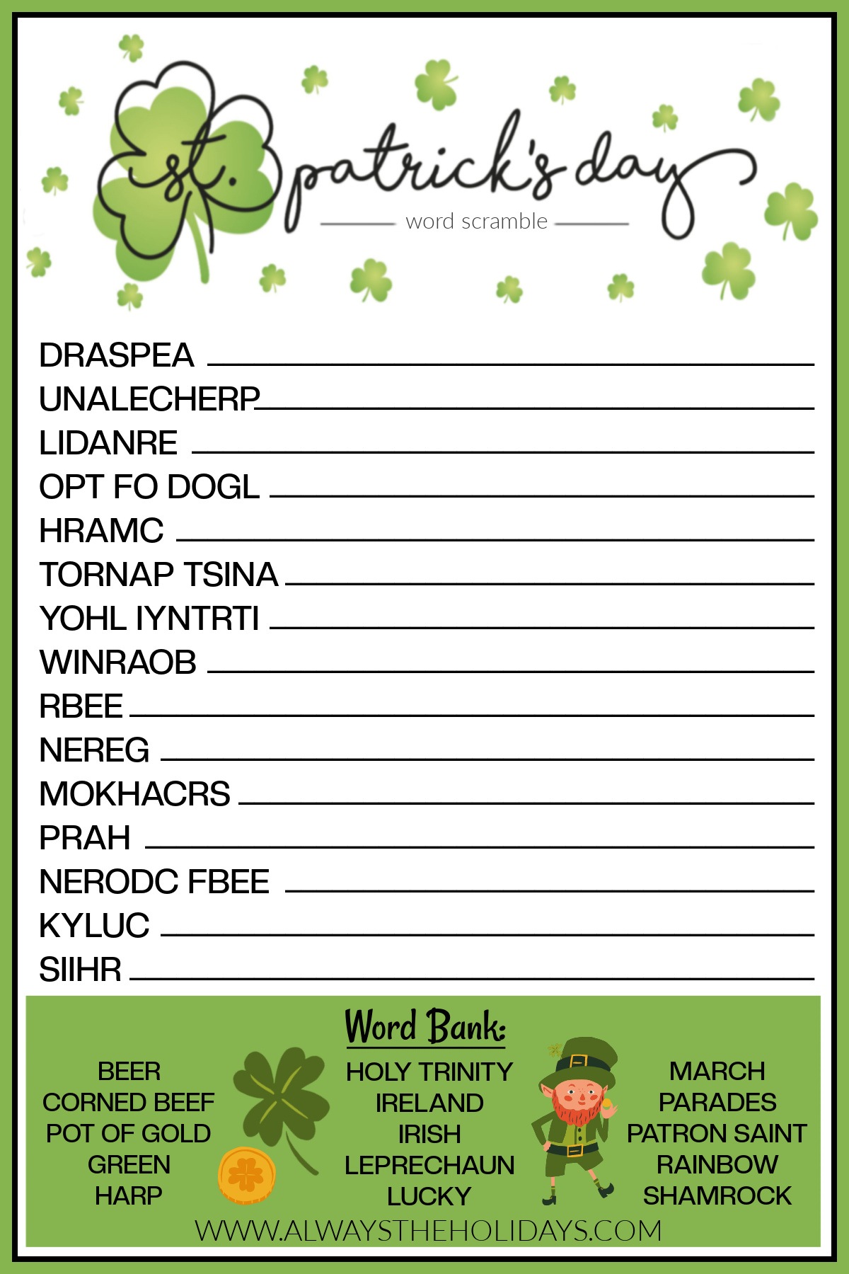 St Patrick s Day Word Scramble Printable With Answers Included