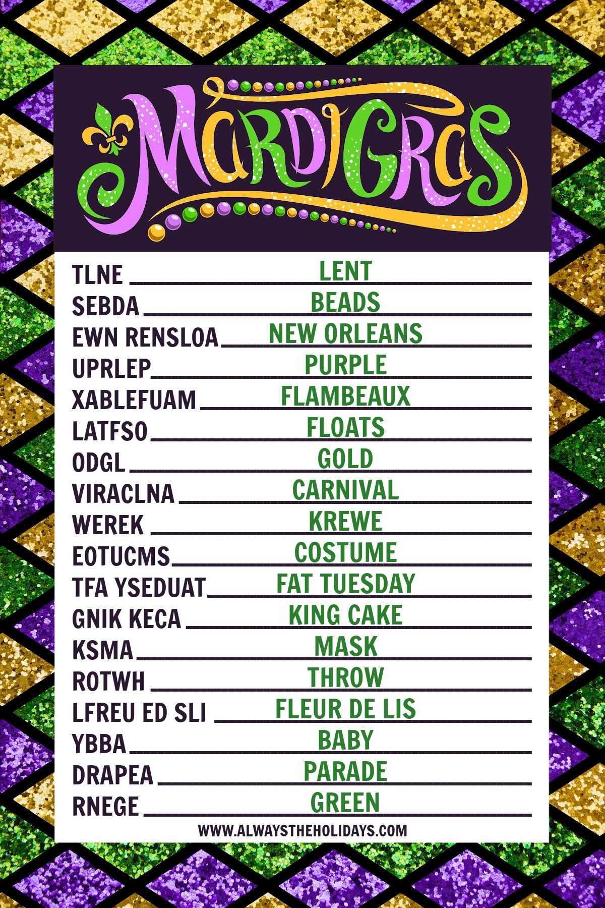 Mardi Gras Word Scramble With Answers Mardi Gras Printable Mardi Gras Word Scramble With Answers Mardi Gras Printable