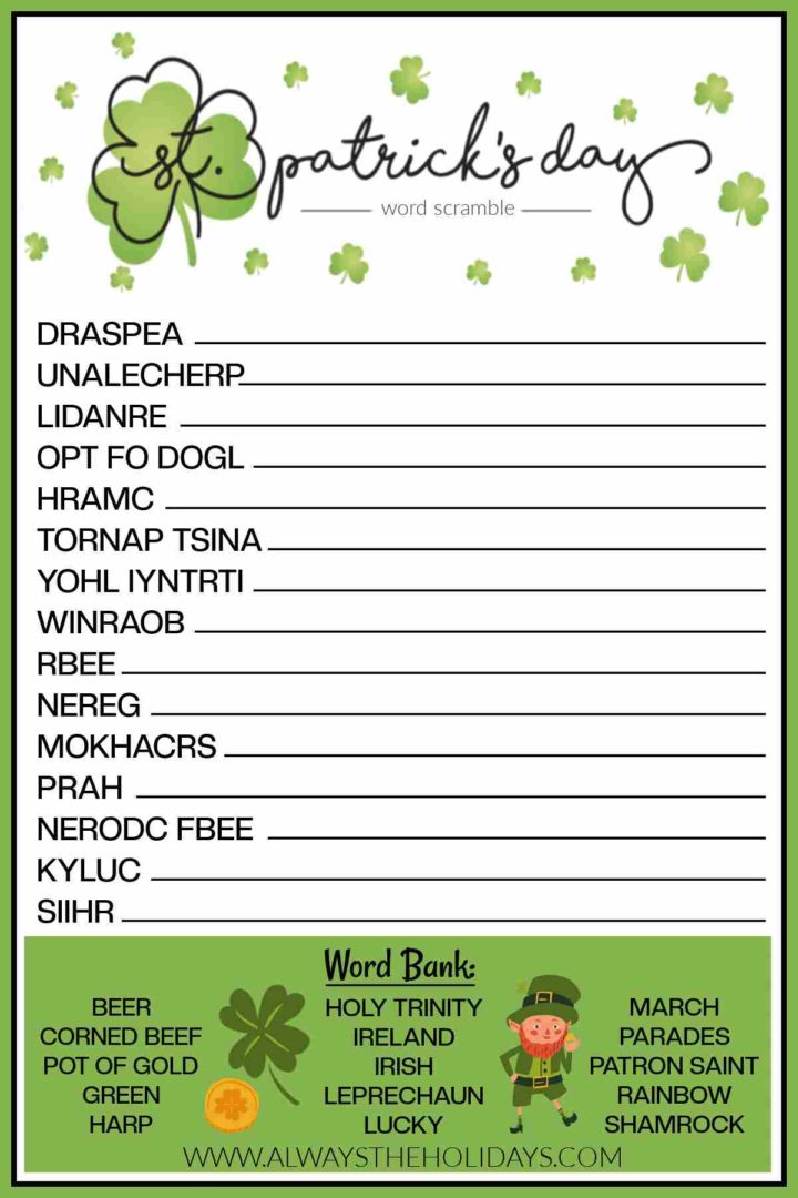 St. Patrick's Day Word Scramble Printable - With Answers Included