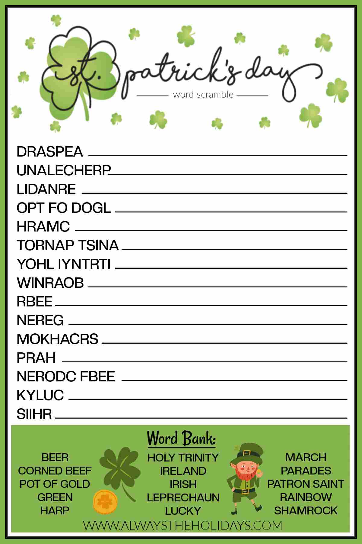 St Patrick s Day Word Scramble Printable With Answers Included St Patrick s Day Word Scramble Printable With Answers Included