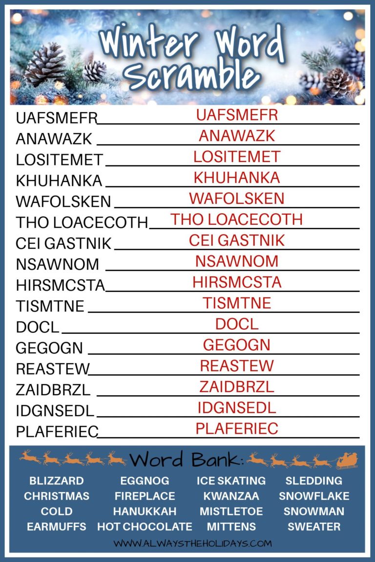 Free Winter Word Scramble Printable with Answer Key Included