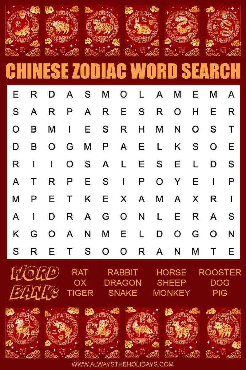 Chinese Zodiac Word Search - With the 12 Chinese Zodiac Animals