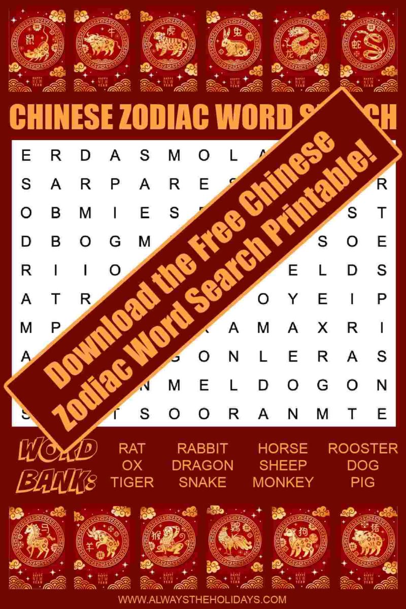 Chinese Zodiac Word Search - With the 12 Chinese Zodiac Animals