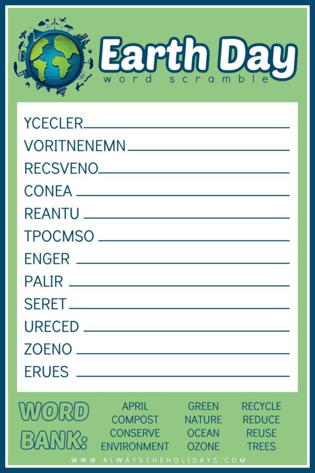Earth Day Word Scramble with Answers - Free Earth Day Printable