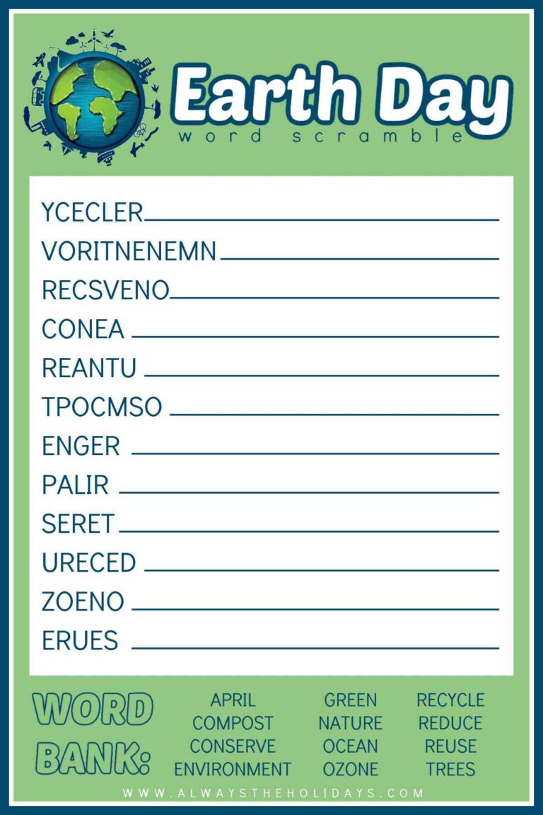 Earth Day Word Scramble with Answers - Free Earth Day Printable