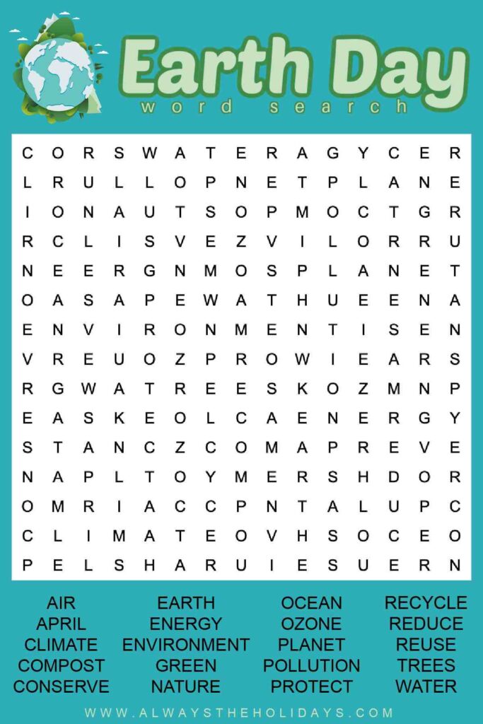 Earth Day Word Find Printable - Word Search Answers Included