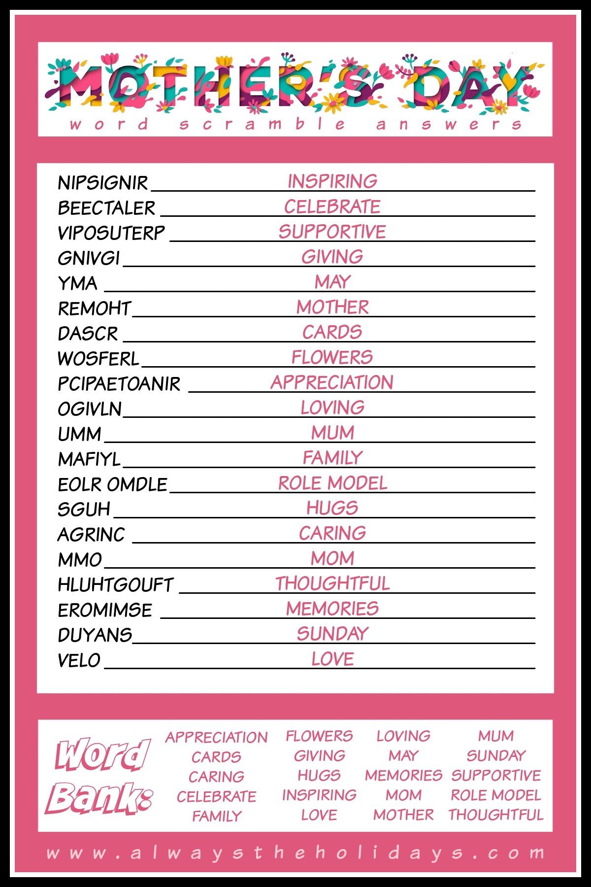 Mother s Day Word Scramble Puzzle Free Mother s Day Printable Mother s Day Word Scramble Puzzle Free Mother s Day Printable