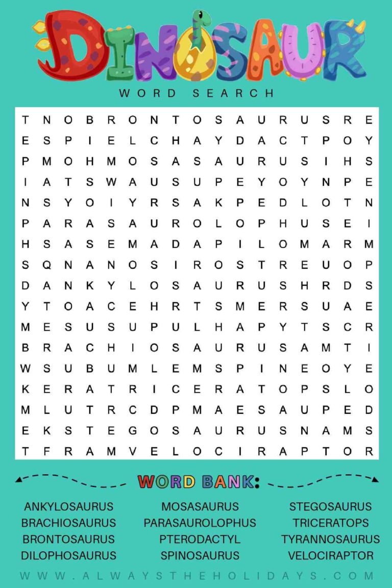 Free Dinosaur Word Search Printable - With Answer Key Included