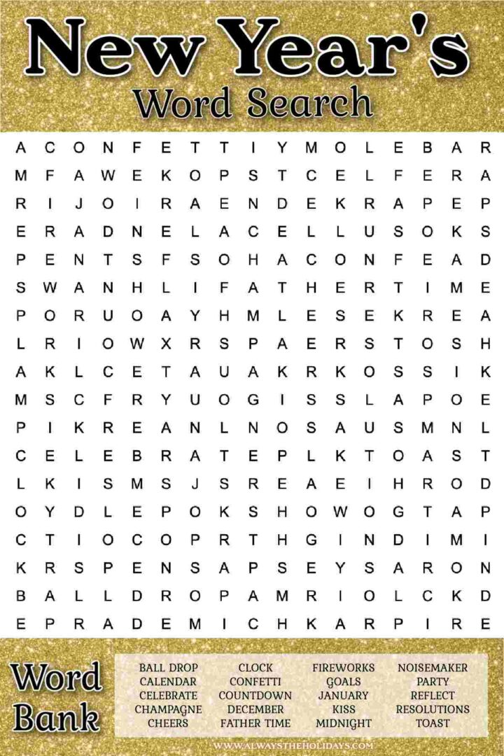 Free New Year's Word Search Printable - Answer Key Included