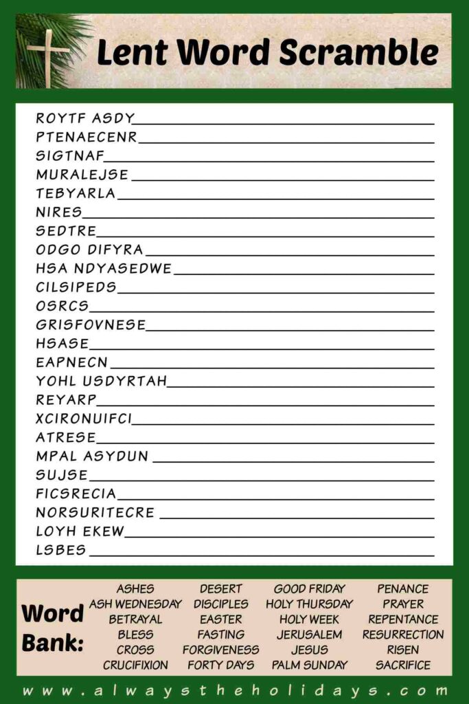 Free Lent Word Scramble Printable - With Answer Key Included
