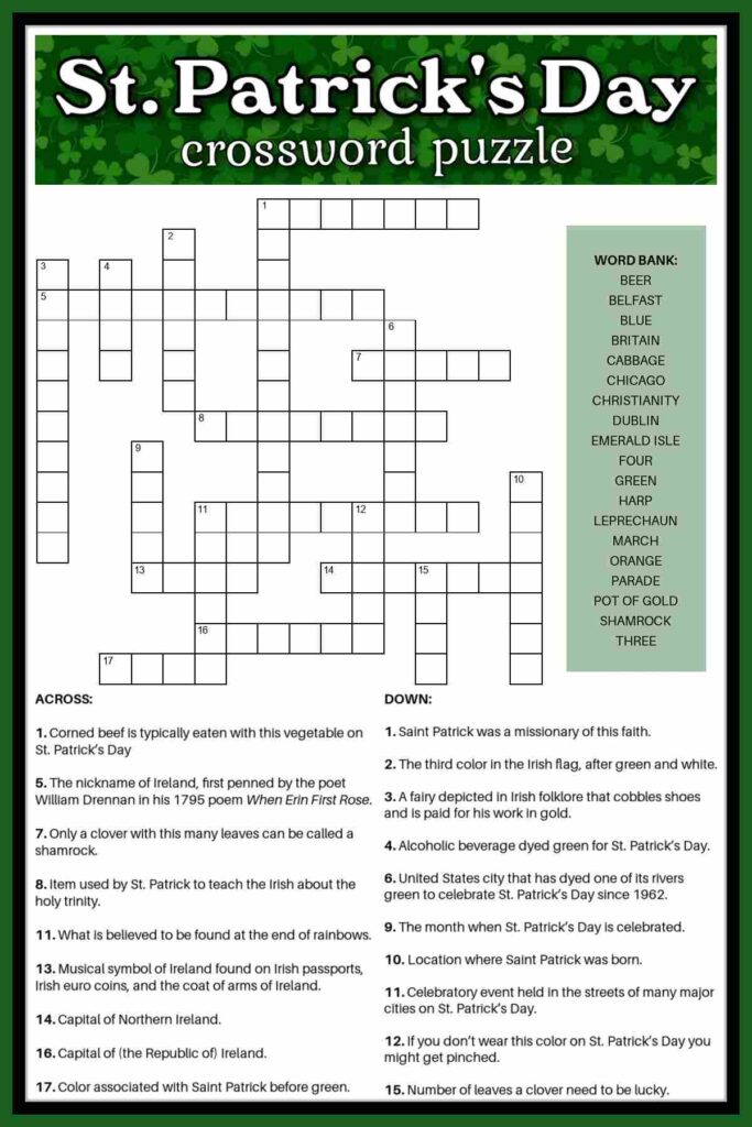 Free St. Patrick's Day Crossword Puzzle - Answer Key Included