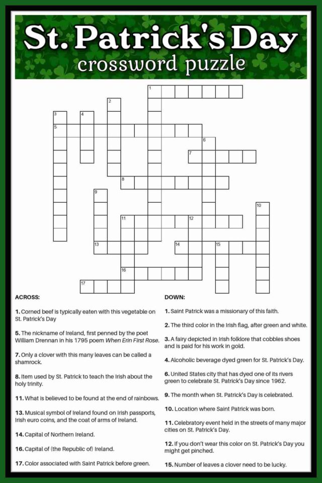 Free St. Patrick's Day Crossword Puzzle - Answer Key Included