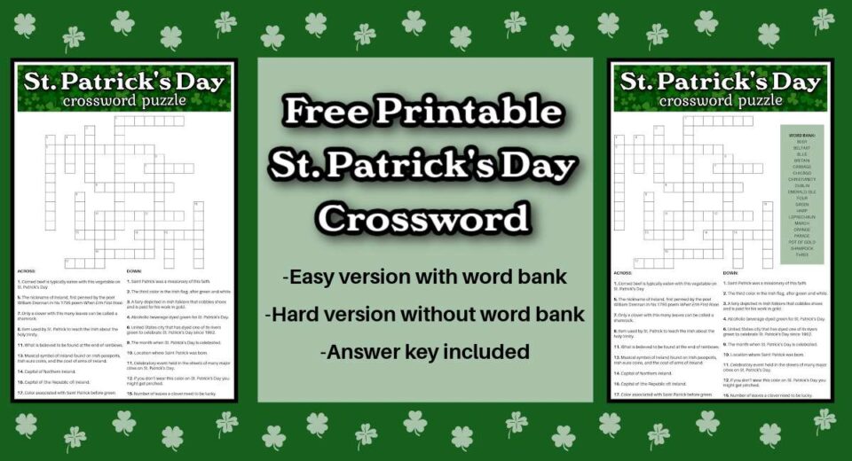 Free St. Patrick's Day Crossword Puzzle - Answer Key Included