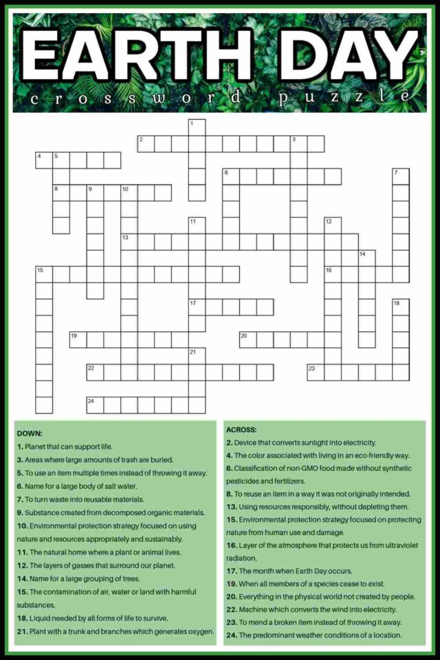 Earth Day Crossword Puzzle - Free Earth Day Printable & Answers