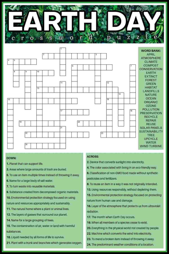 Earth Day Crossword Puzzle - Free Earth Day Printable & Answers