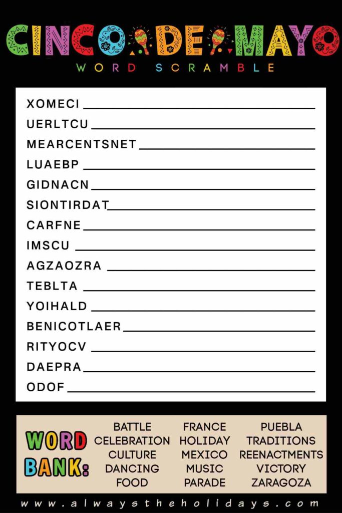 Free Cinco de Mayo Word Scramble & Answers - Medium Difficulty