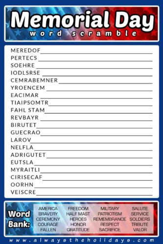 Get a Memorial Day Word Scramble - Free Printable & Answer Key