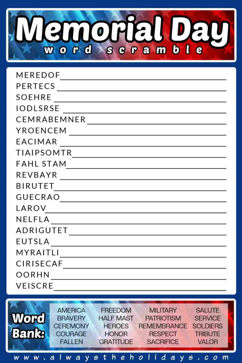 Get a Memorial Day Word Scramble - Free Printable & Answer Key