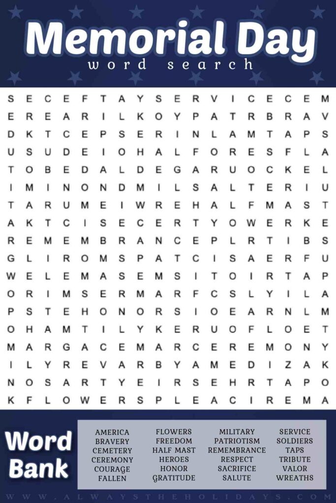 Free Memorial Day Word Search Printable - with Answers Included