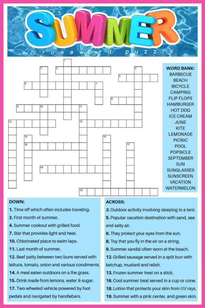 Free Summer Crossword Puzzle (2 Versions) - Answers Included