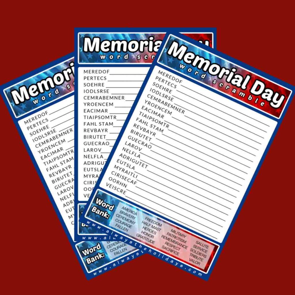 Get a Memorial Day Word Scramble - Free Printable & Answer Key