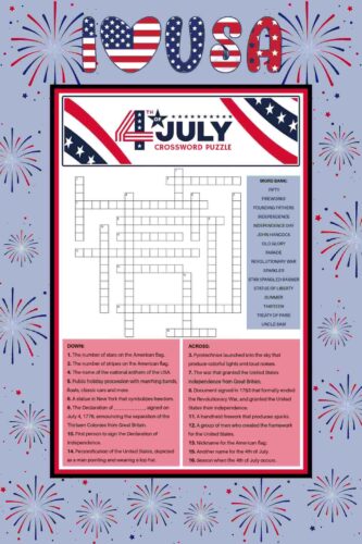 Free 4th of July Crossword Puzzle - Answer Key Included