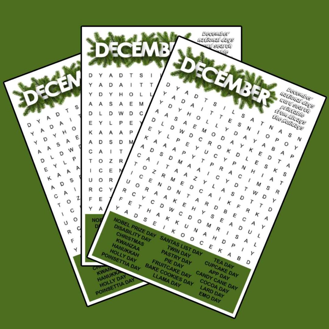 December Word Search Printable - National Days Word Find Puzzle