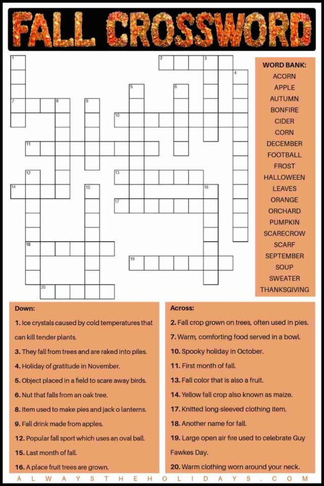 Free Fall Crossword Puzzle Printable - With Answer Key Included