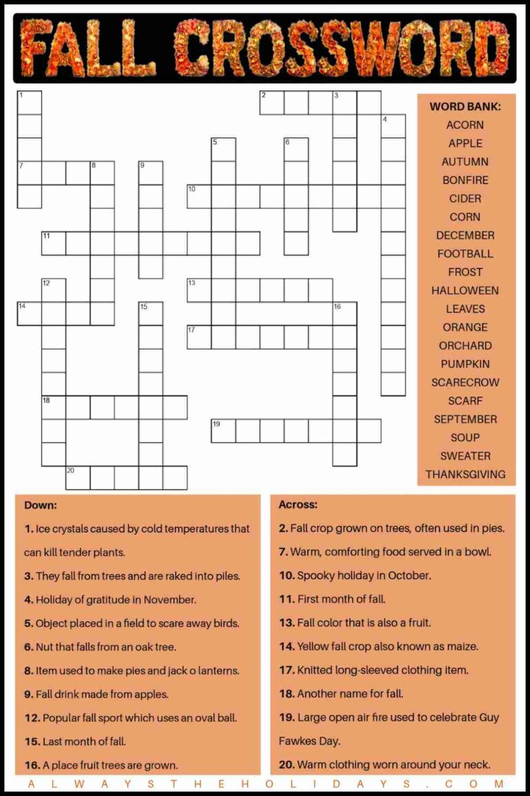 Free Fall Crossword Puzzle Printable - With Answer Key Included